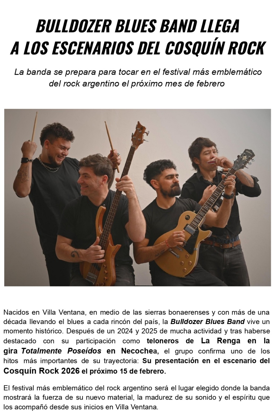 Bulldozer Blues Band llega al Cosquín Rock 2026